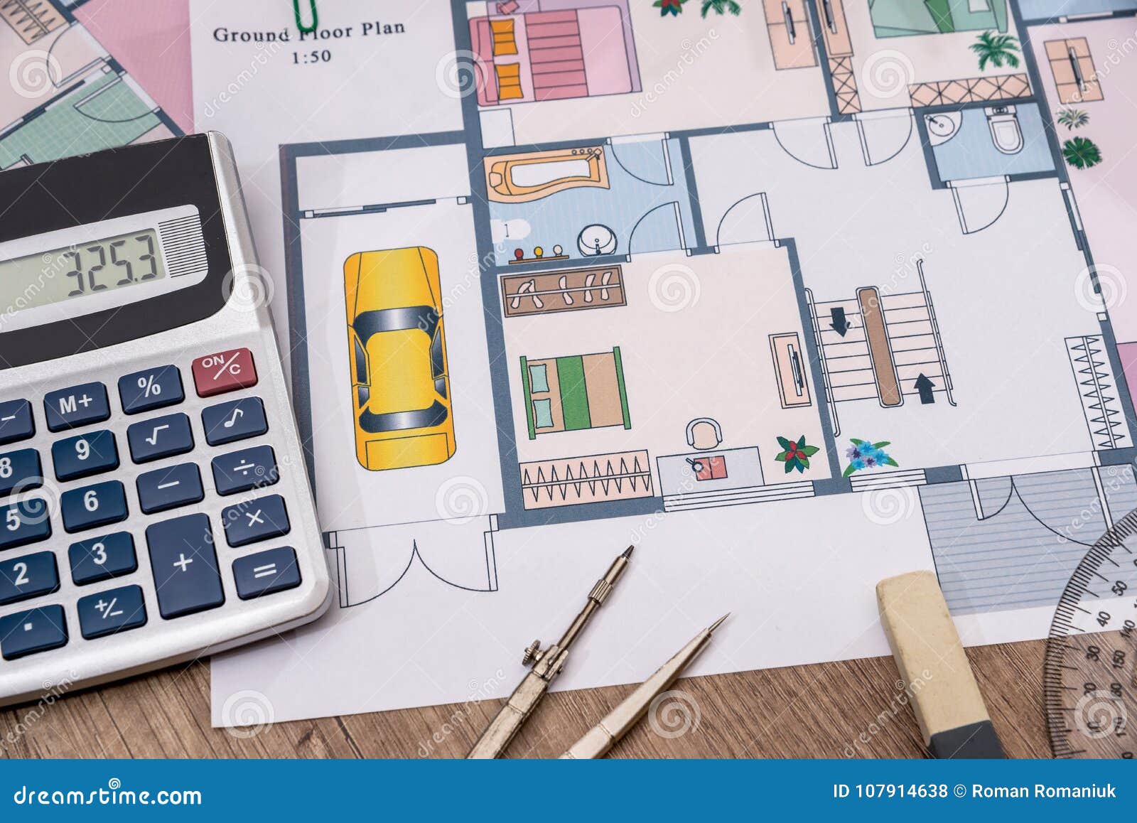 Architectural Designs of Drawing Project with Pencil, Calculator Stock ...