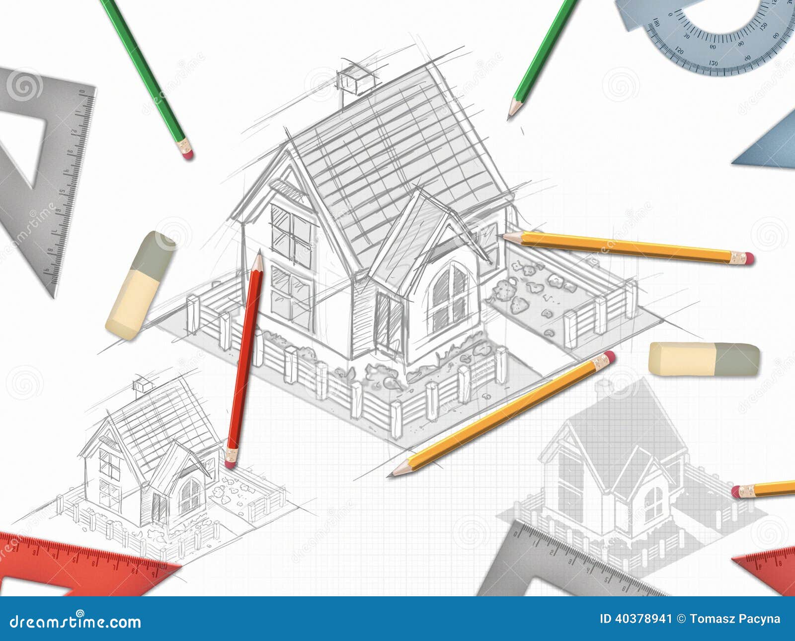 Architectural Desk Hand Drawn Project with Set of Tools Stock ...