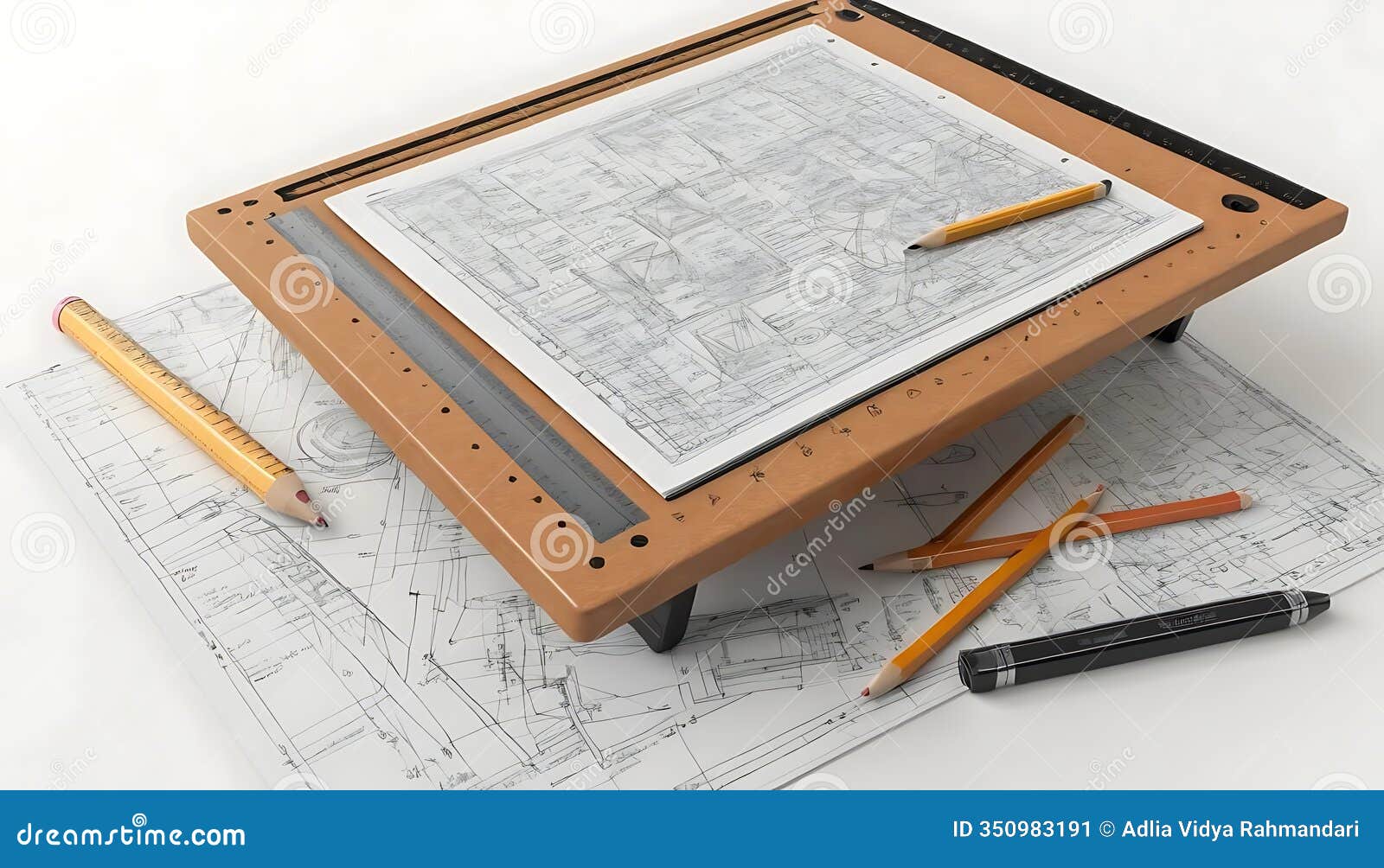 Architectural Drafting Board with Pencils and Blueprint Papers ...