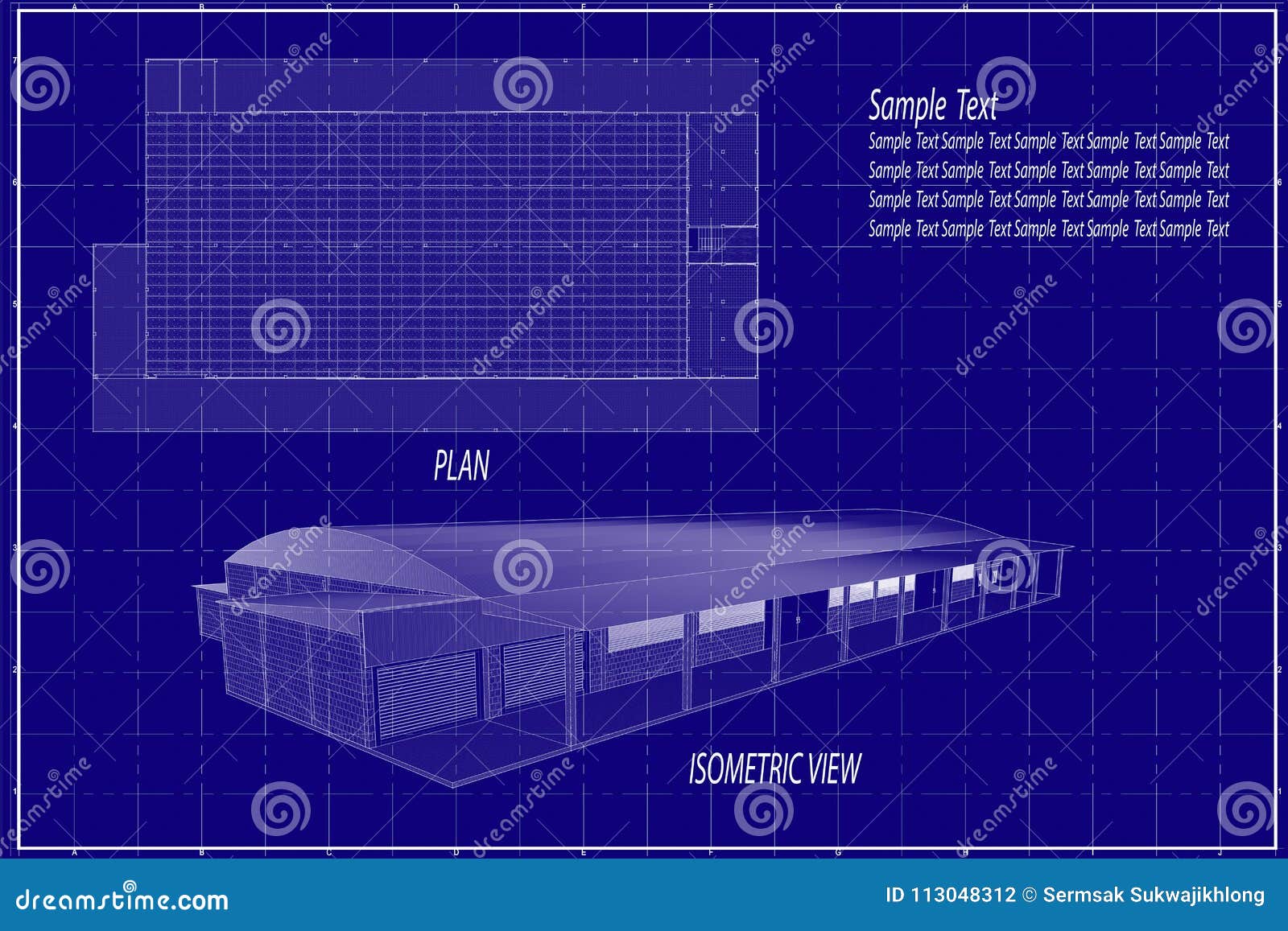 3D building on blueprint stock illustration. Illustration of ...