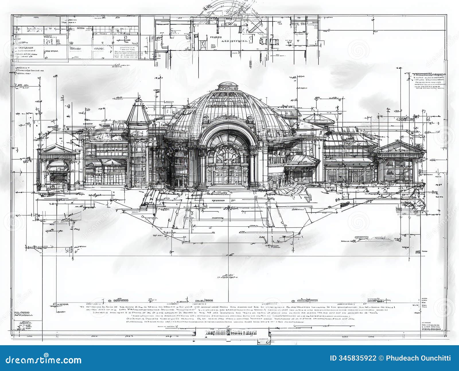 Architectural Drawing of Grand Building Design with Detailed Blueprint ...