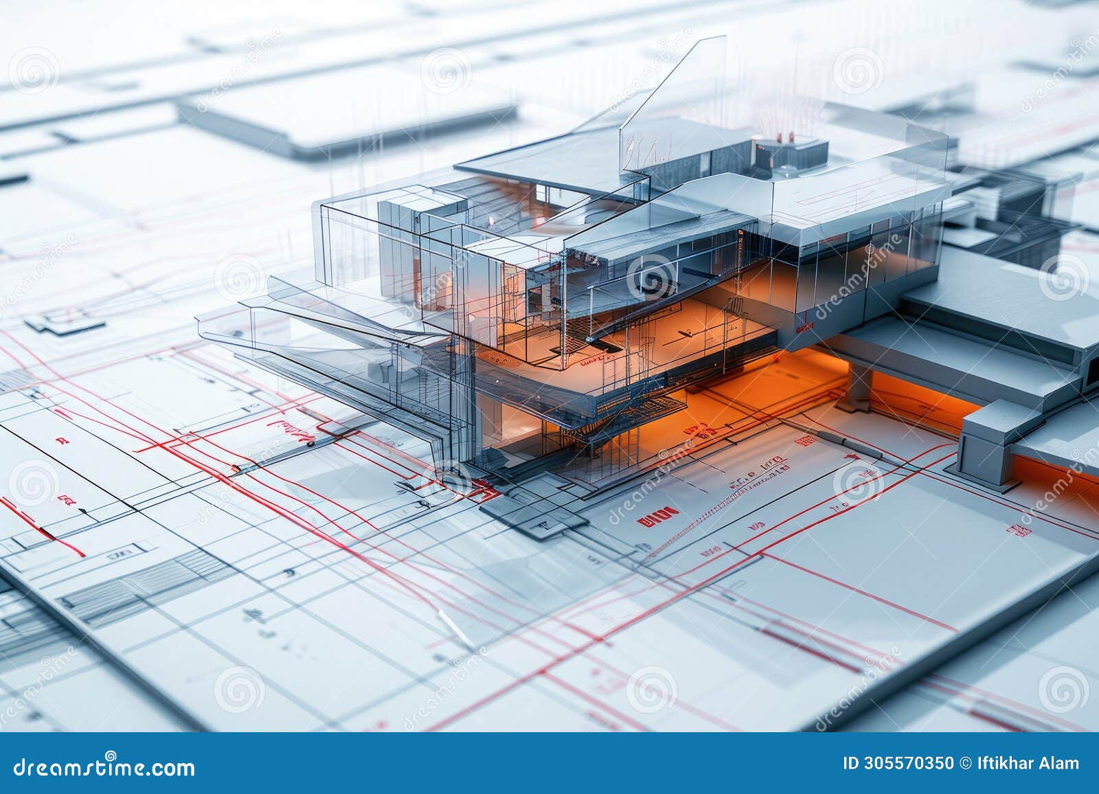 Architectural Drawing of a House Overlaying Blueprints, Futuristic ... Architectural Drawing of a House Overlaying Blueprints, Futuristic ...