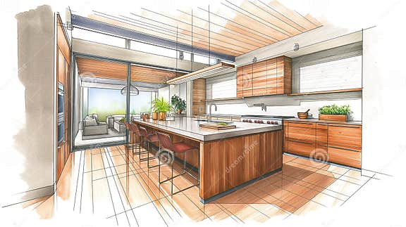 Architectural Drawing of a Kitchen Design Interior Stock Illustration ...
