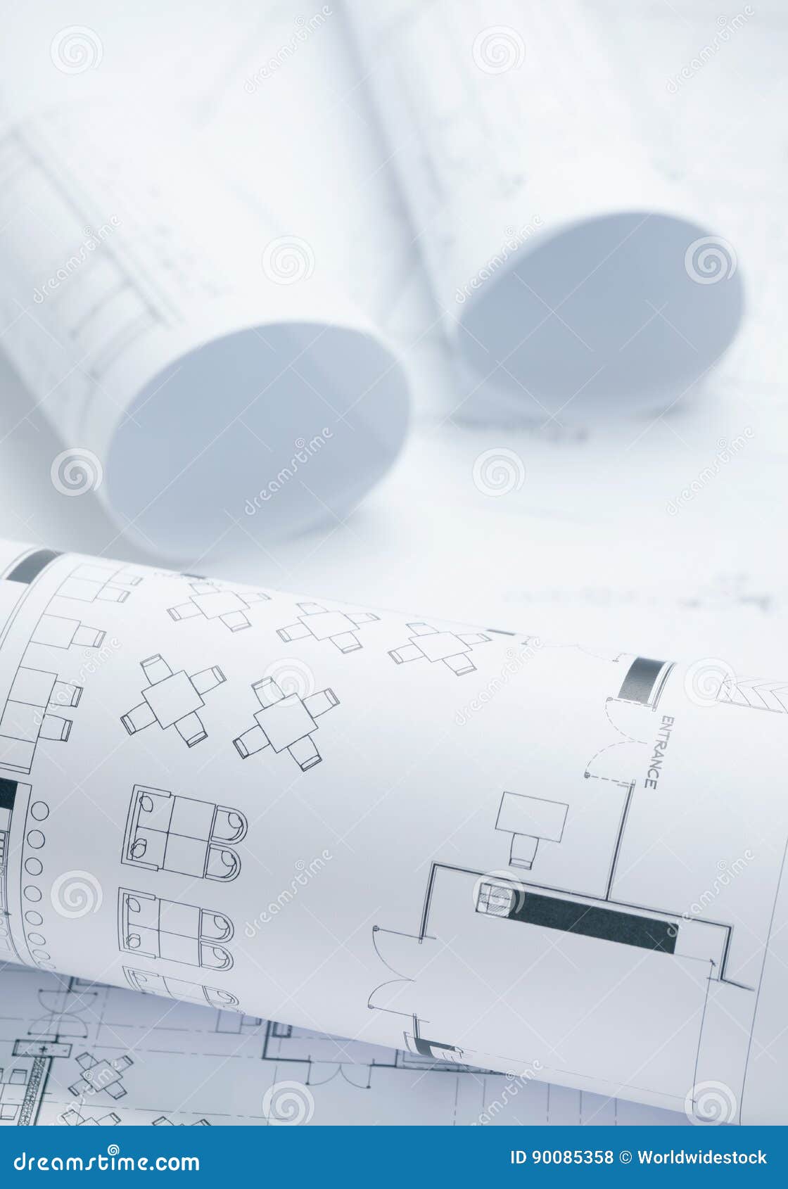Architectural Drawing Paper Rolls of a Dwelling Stock Photo - Image of ...