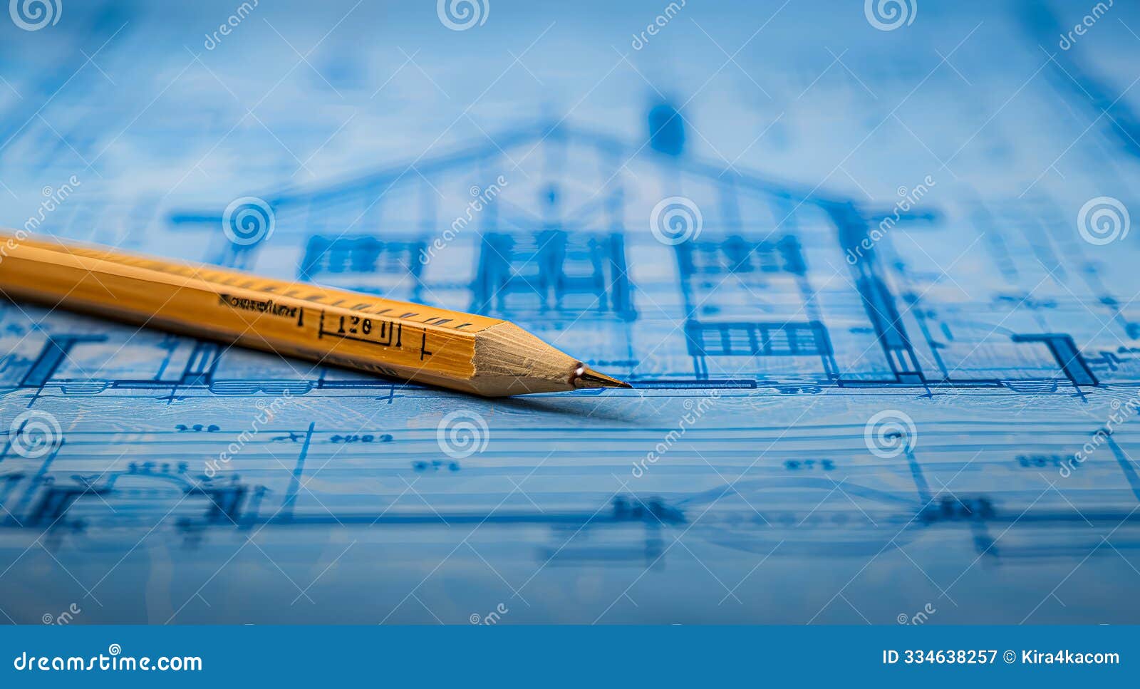 Architectural Drawing. Pencil and Blueprint with Lines and Markings ...