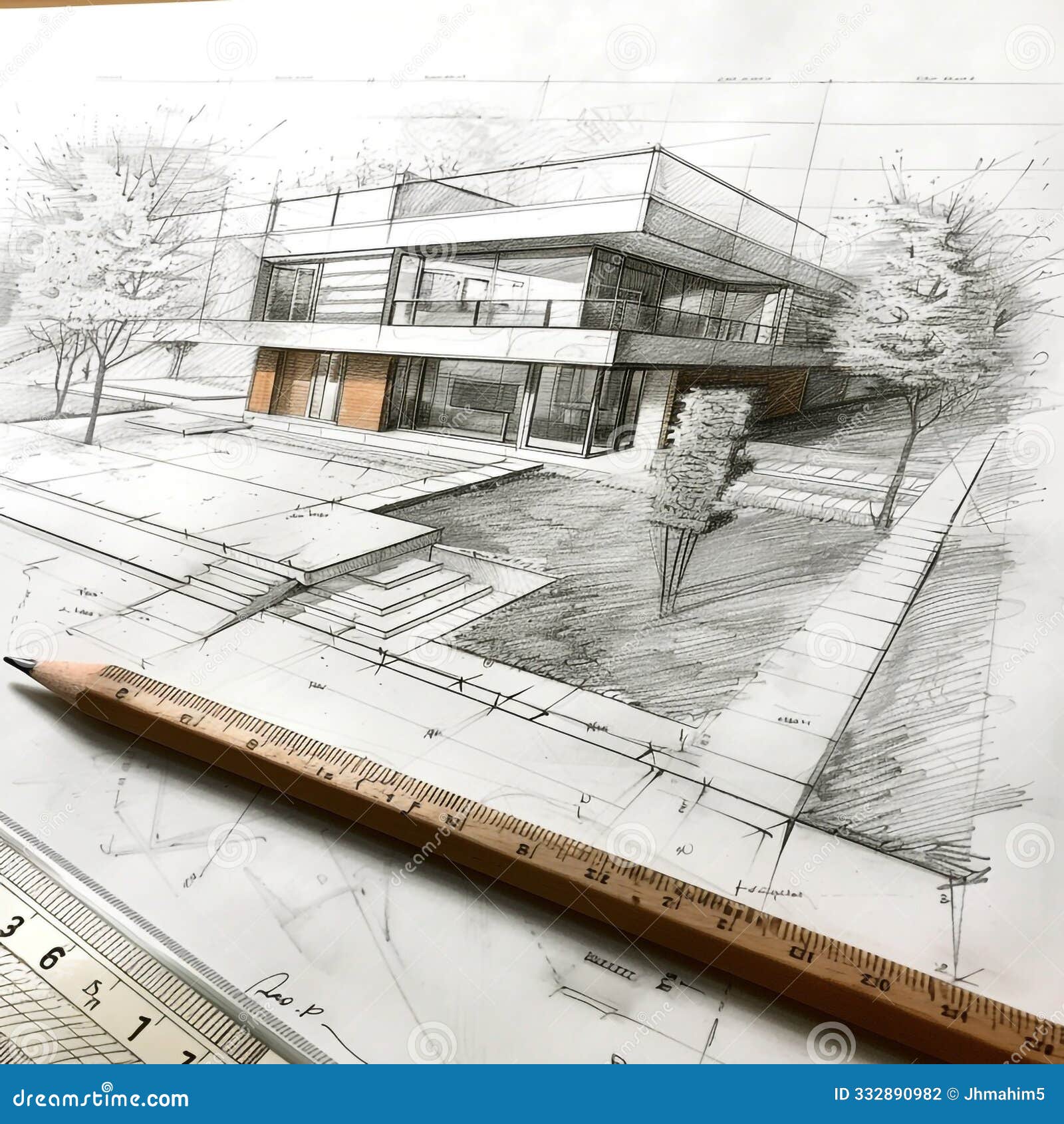Architectural Drawing with a Ruler and Pencil Stock Illustration ...