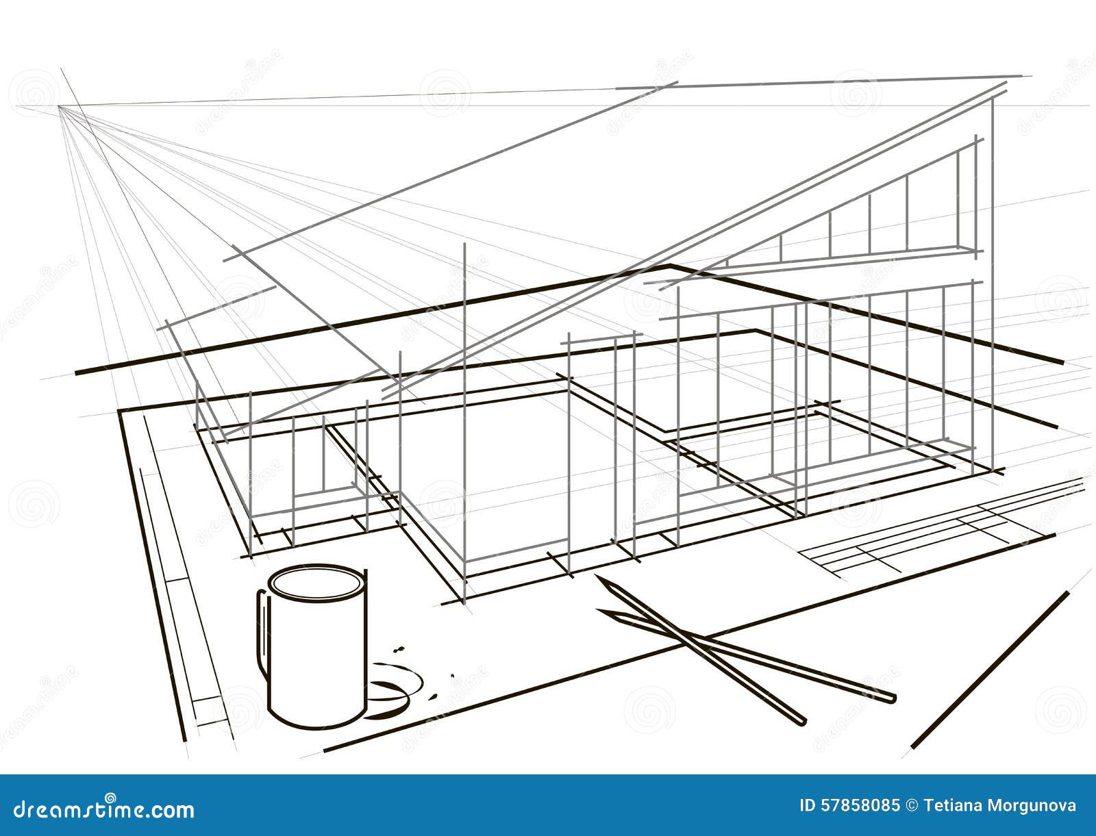 Architectural Drawing on Table with Pencils and Coffee Cup Stock Vector ...