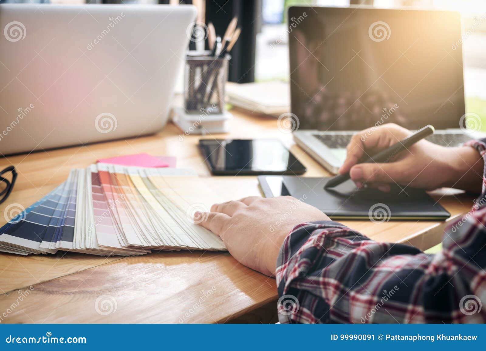 Architectural Drawing with Work Tools, Graphic Designer Working Stock ...