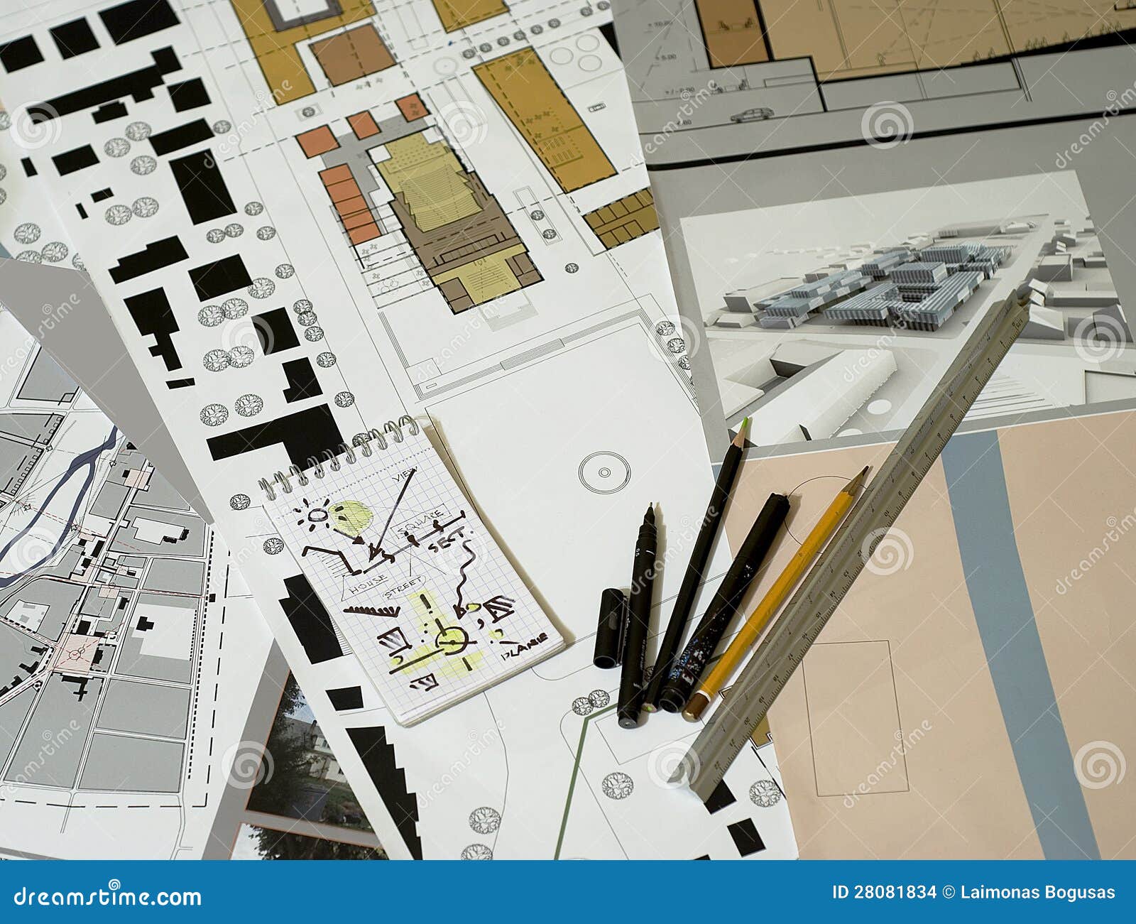 Architectural Drawings With House Plan And Folding Rule Royalty-Free ...