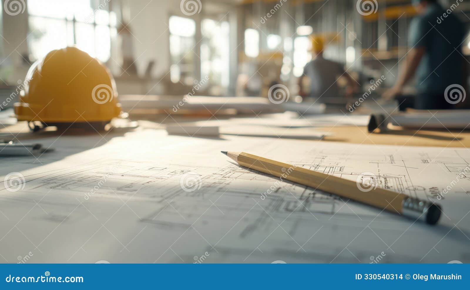 Architectural Drawings, a Helmet and a Pencil on the Table Reflect the Process of Designing and ...