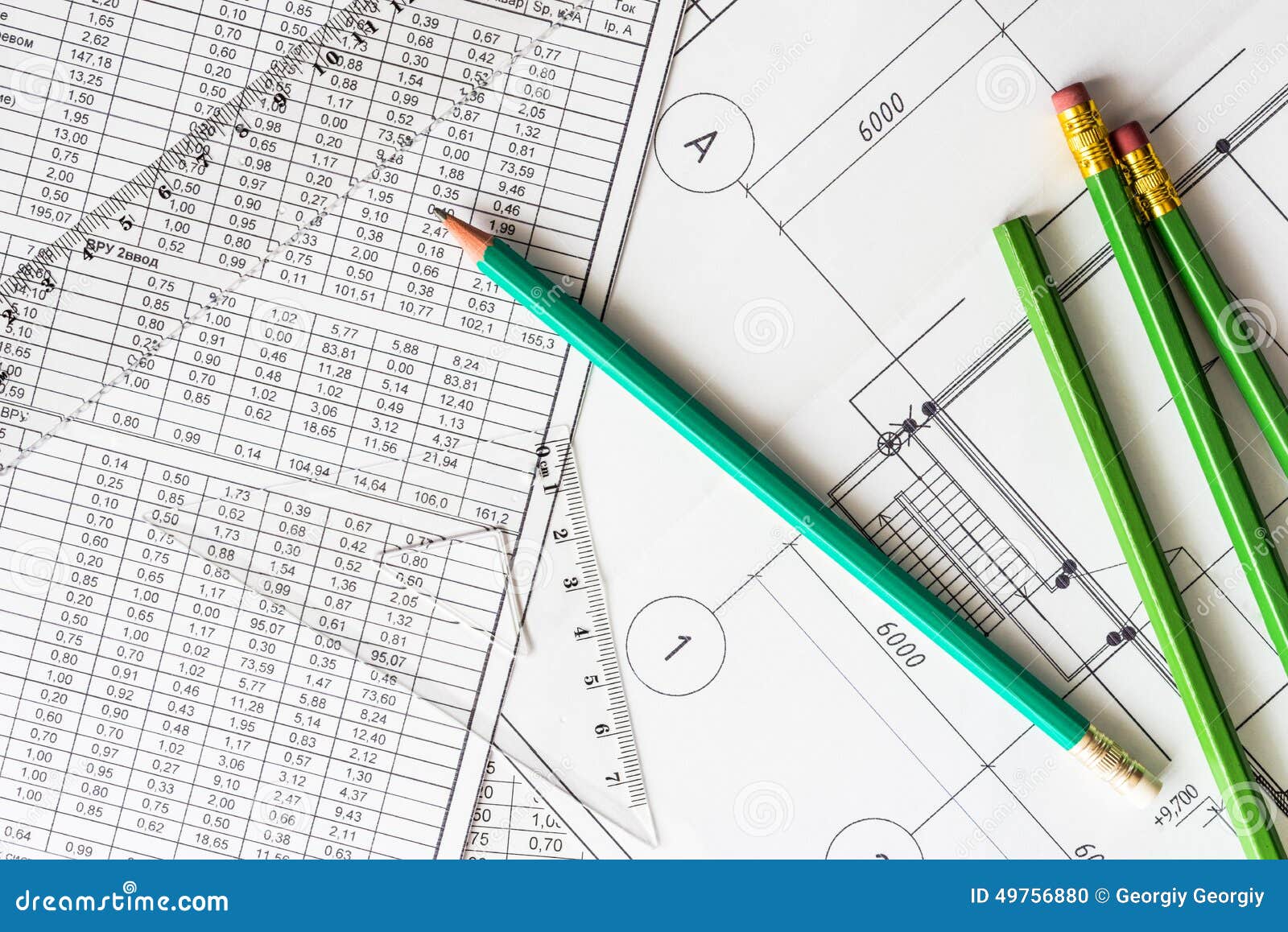 Architectural Drawings, Many Pencils on the Table Stock Photo - Image ...