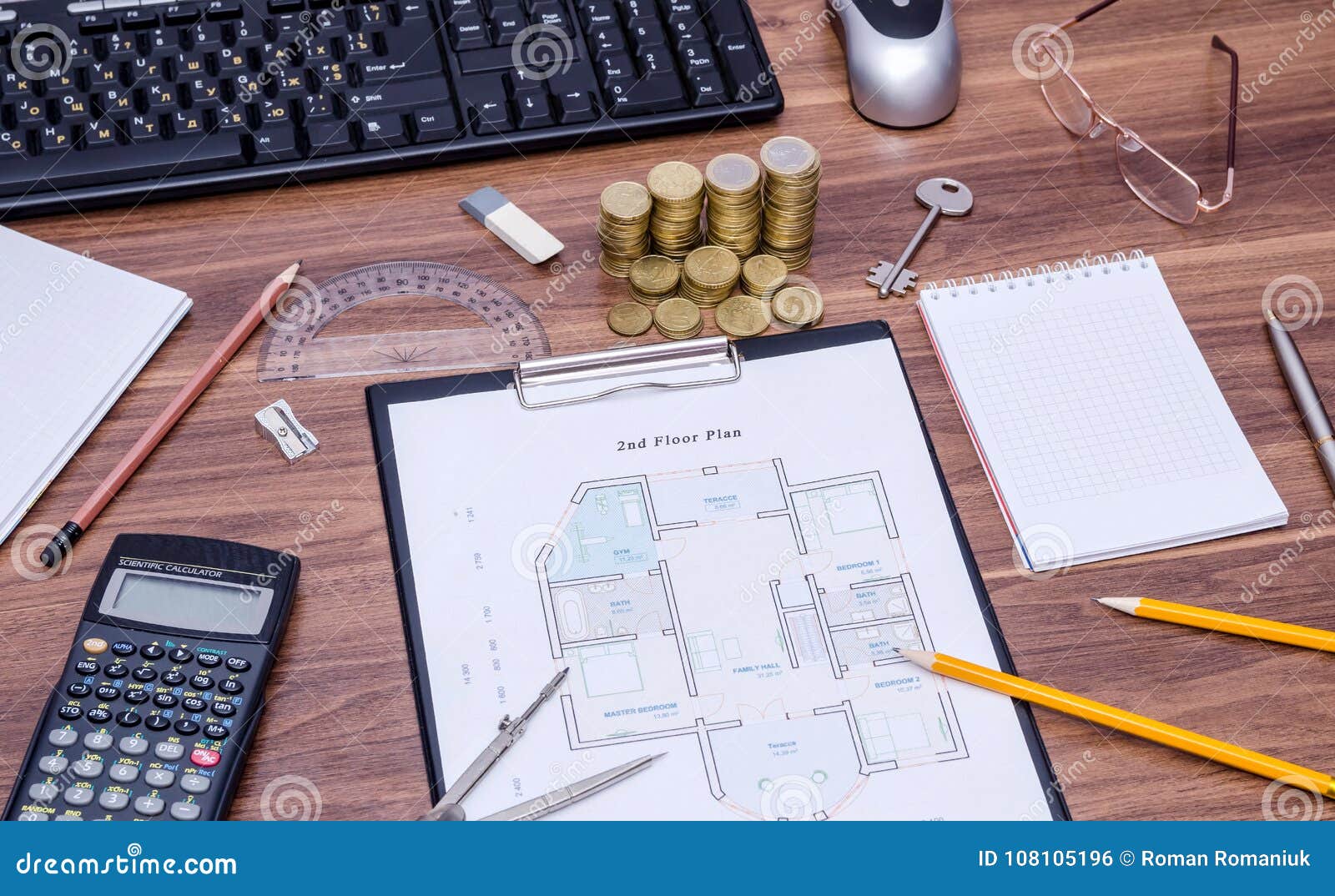 Architectural Drawings of the Modern House with Computer Keyboard Stock ...