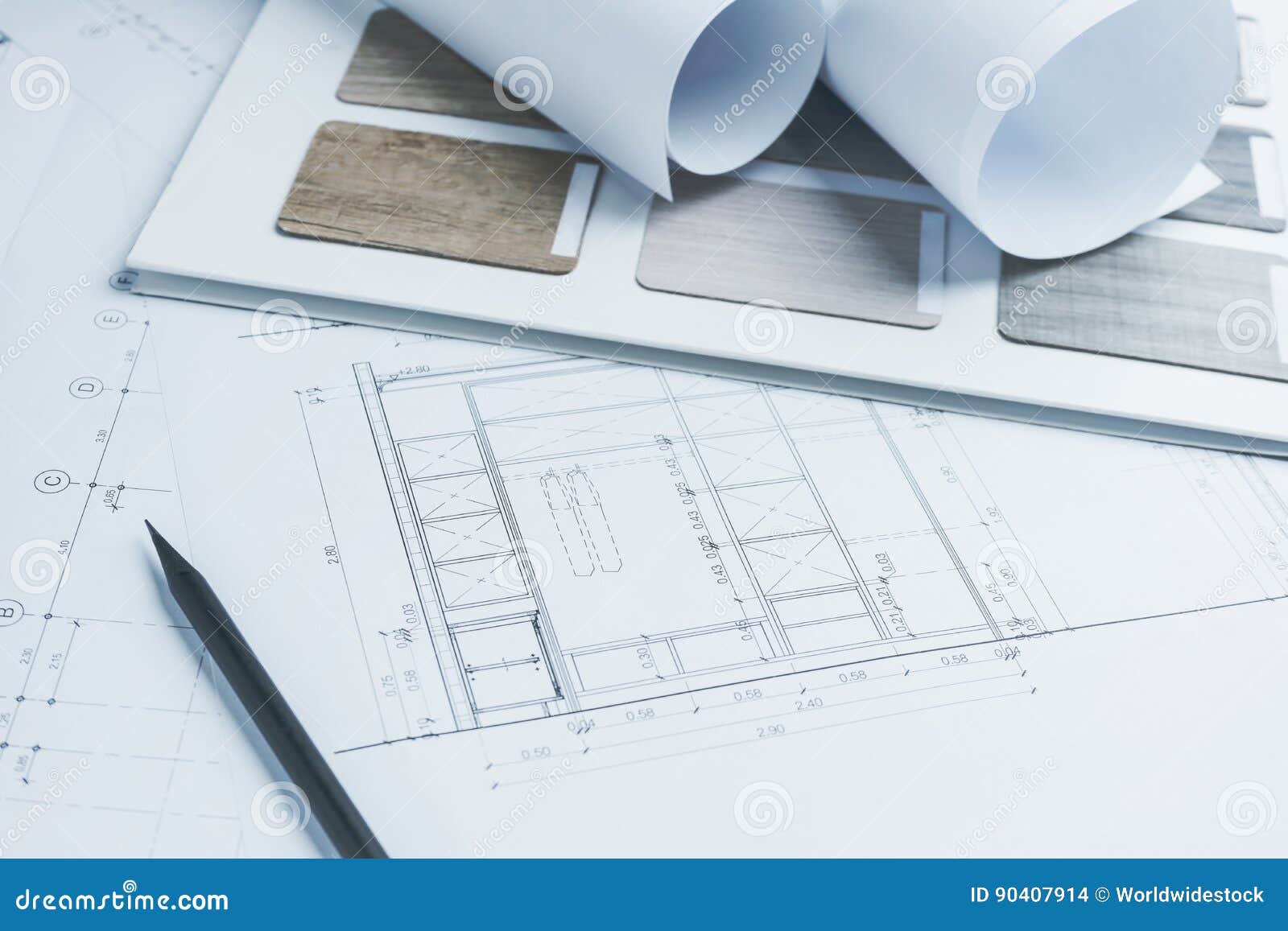 Architectural Drawings Paper with Color and Material Samples for Stock ...