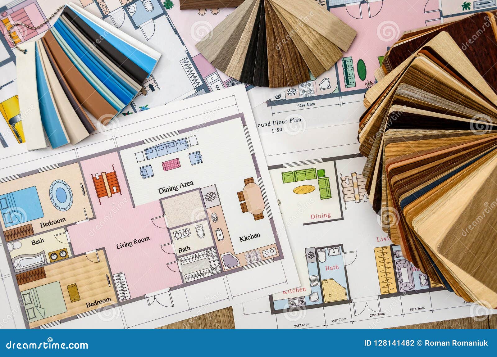 Architectural Drawings on Paper and Samples of Colors. Stock Photo ...