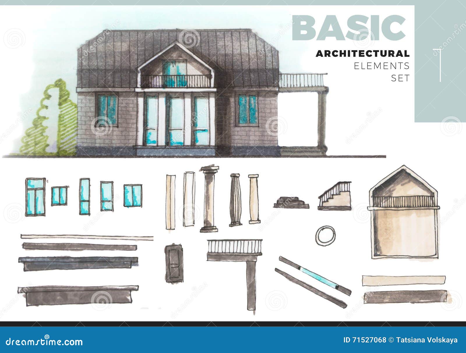 Architectural Elements with House on White Stock Vector - Illustration ...