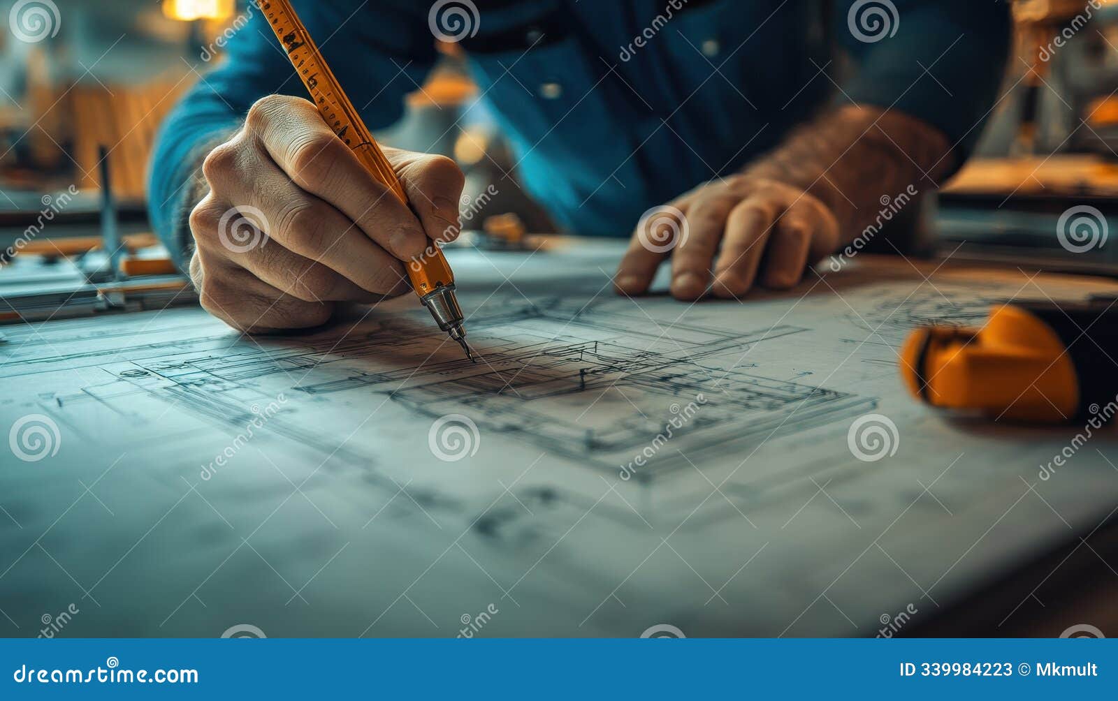 Architectural Engineer Drafting Building Plans in a Workshop during ...