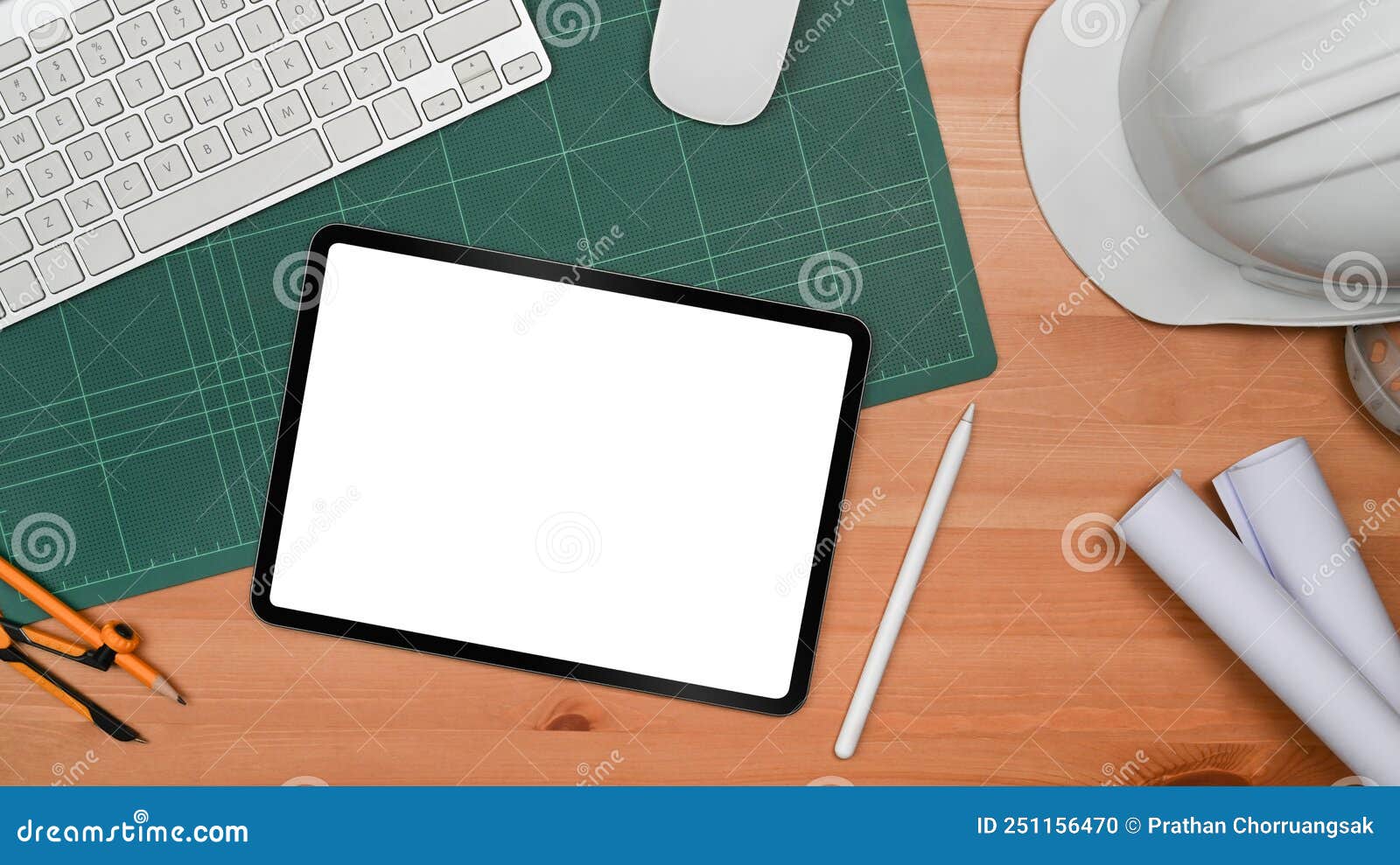 Architectural and Engineer Office Desk with Digital Tablet, Helmet and ...