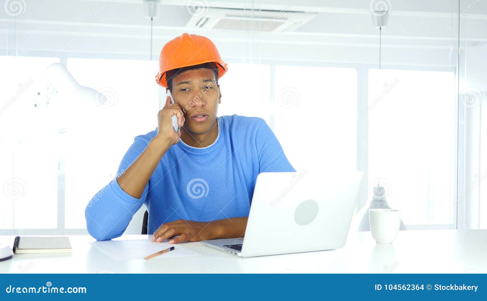 Architectural Engineer Talking on Phone, Attending Call at Work Stock ...