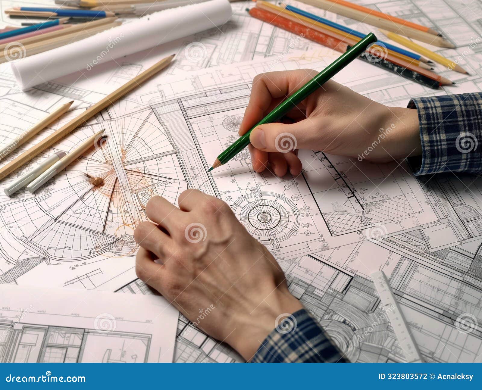Architectural Engineer Working on Planning Drawings. Construction and ...