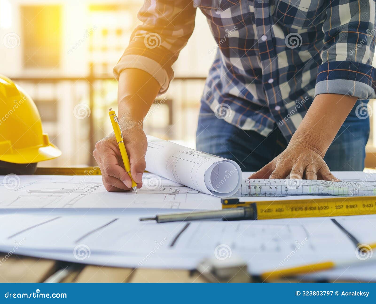 Architectural Engineer Working on Planning Drawings. Construction and ...