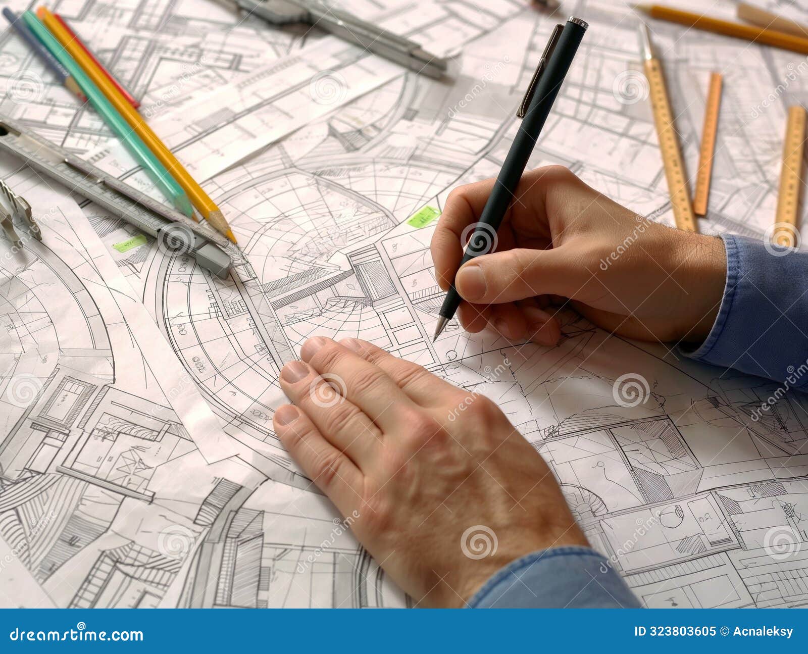 Architectural Engineer Working on Planning Drawings. Construction and ...