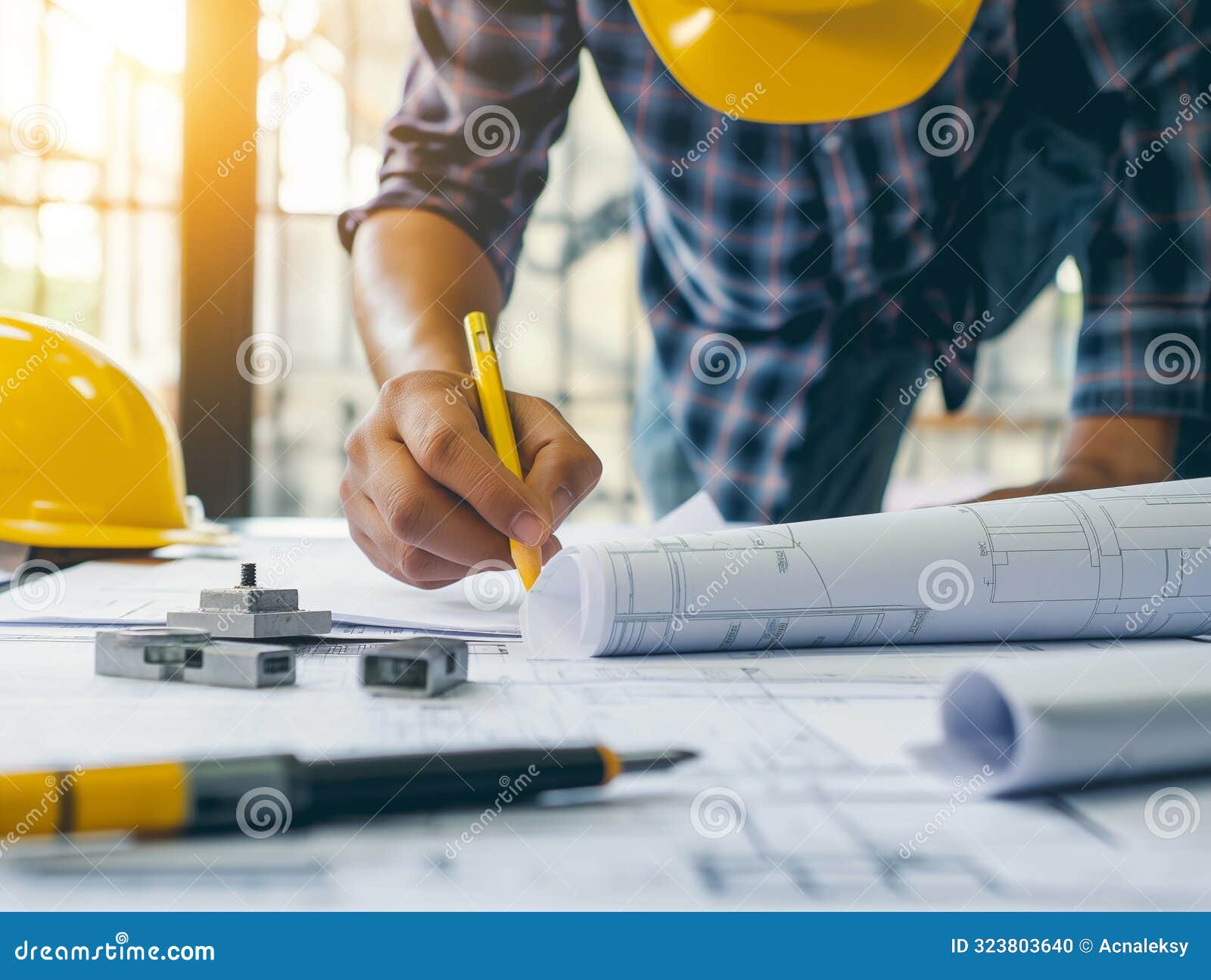 Architectural Engineer Working on Planning Drawings. Construction and ...