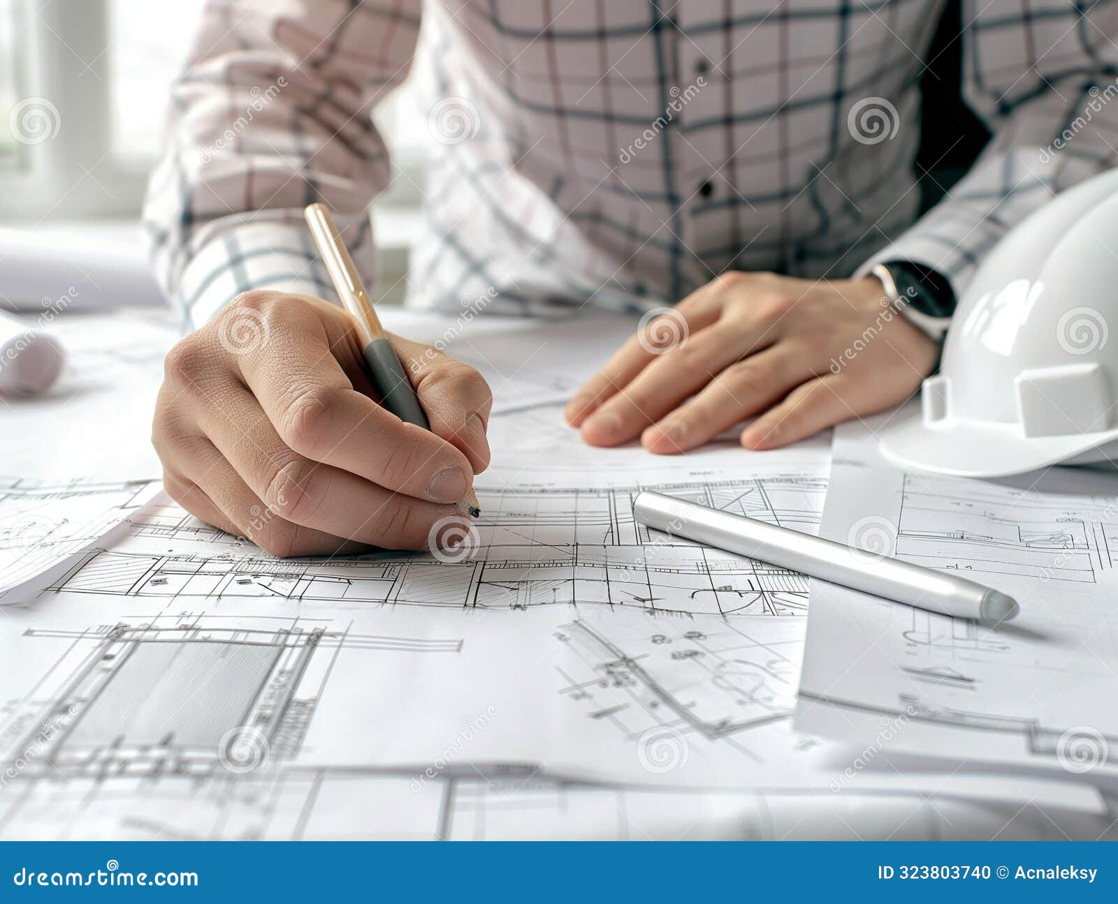 Architectural Engineer Working on Planning Drawings. Construction and ...