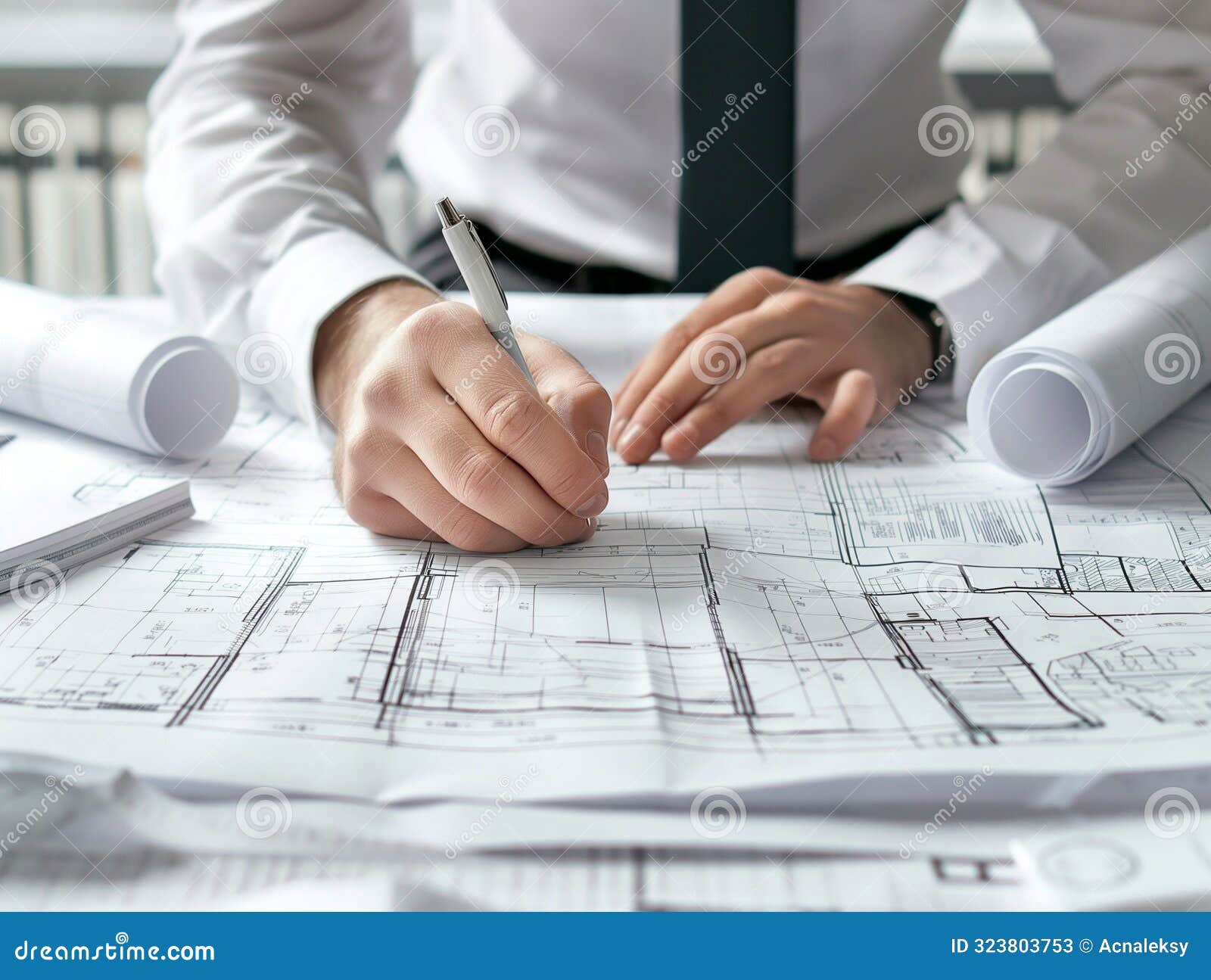 Architectural Engineer Working on Planning Drawings. Construction and ...