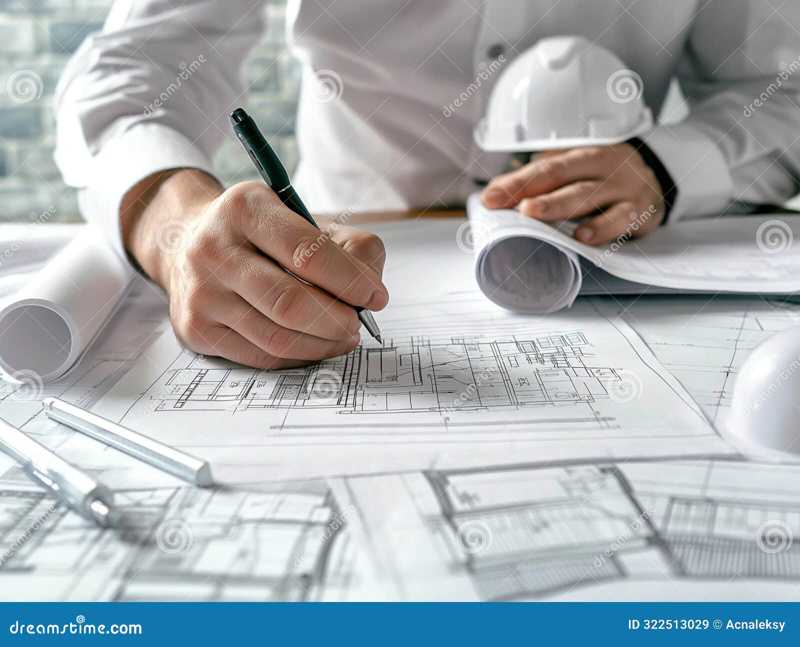 Architectural Engineer Working on Planning Drawings. Construction and ...
