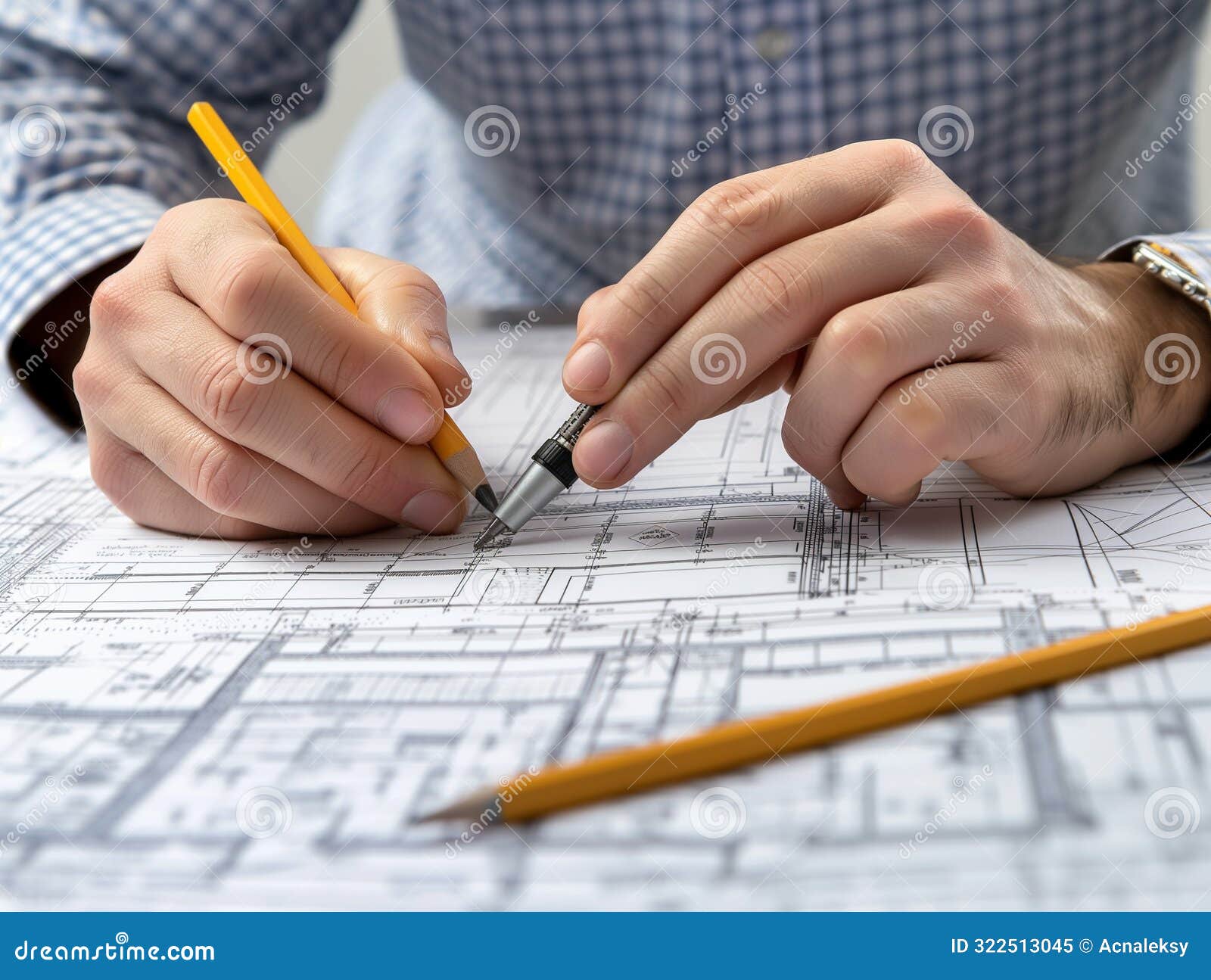 Architectural Engineer Working on Planning Drawings. Construction and ...