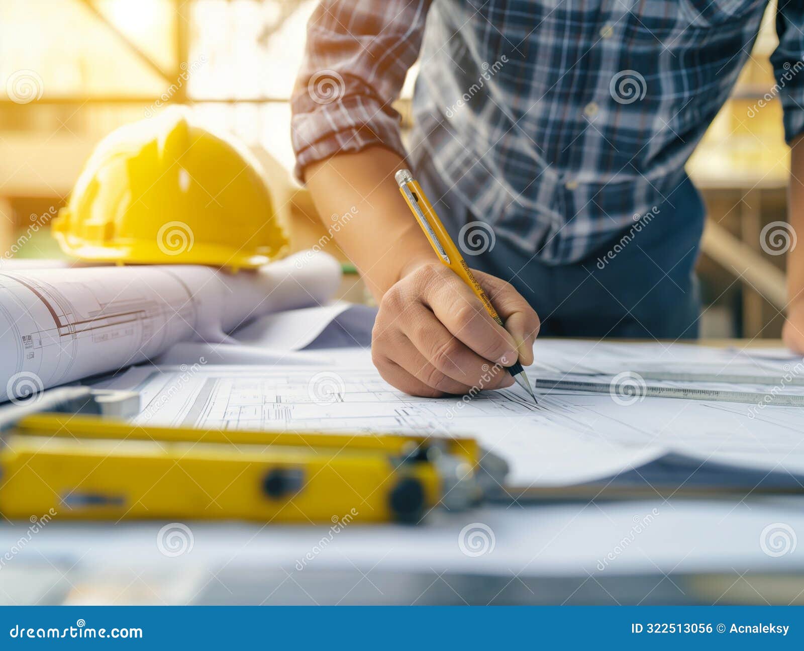 Architectural Engineer Working on Planning Drawings. Construction and ...