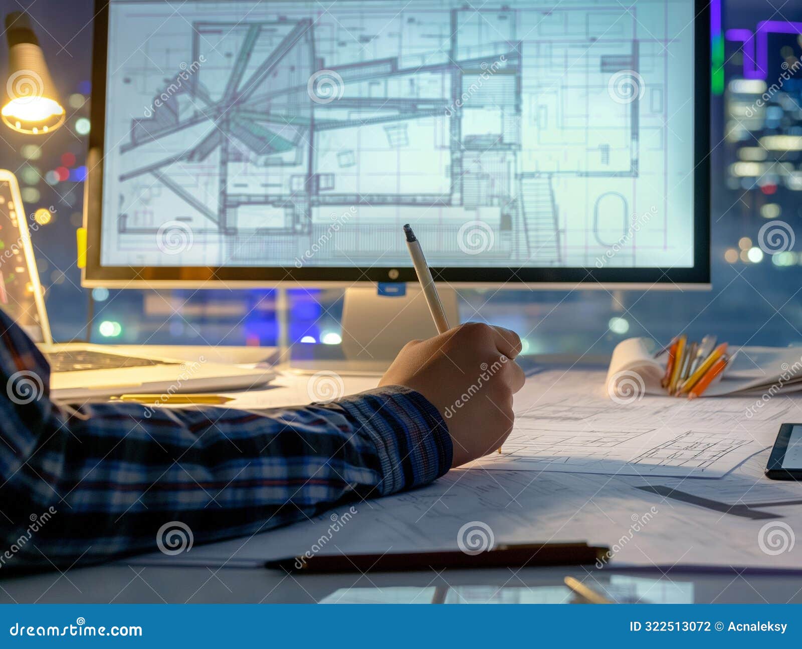 Architectural Engineer Working on Planning Drawings. Construction and ...