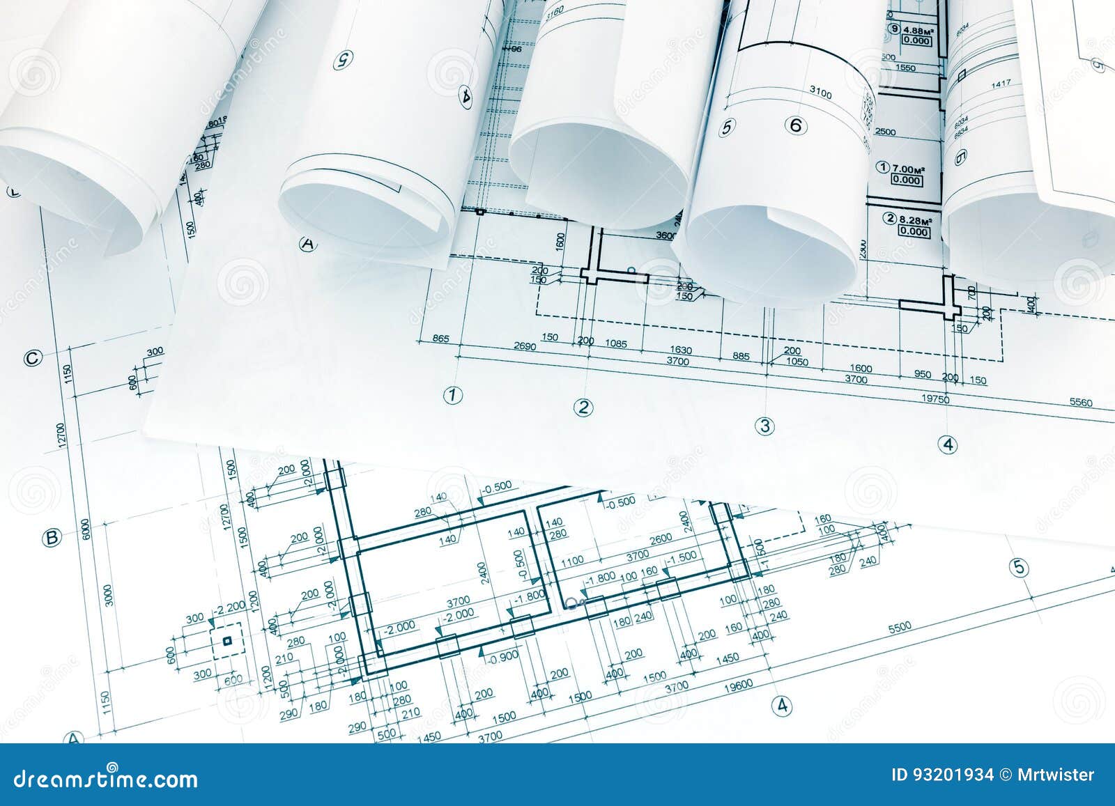Architectural and Engineering Drawings with Rolls of Blueprints Stock ...