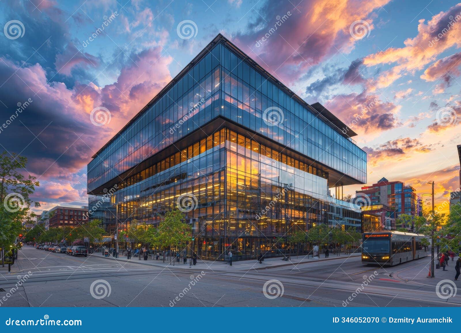 The Architectural Exterior of a Modern Suburban Office Building Glows ...