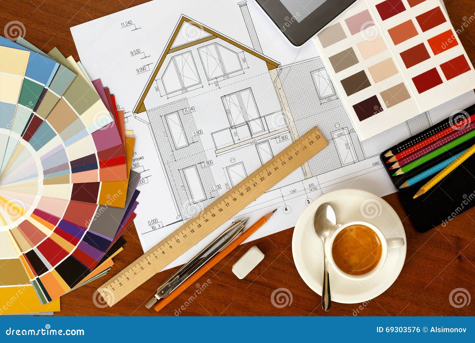 Architectural Facade Drawing, Two Color Palette Guide, Pencils a Stock ...