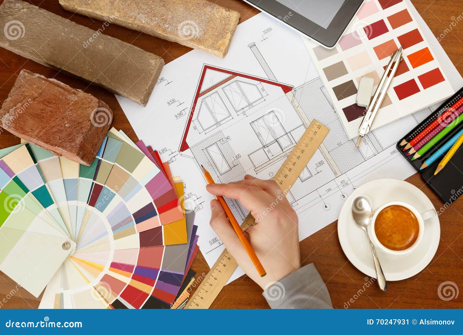 Architectural Facade Drawing, Two Color Palette Guide, Pencils a Stock ...