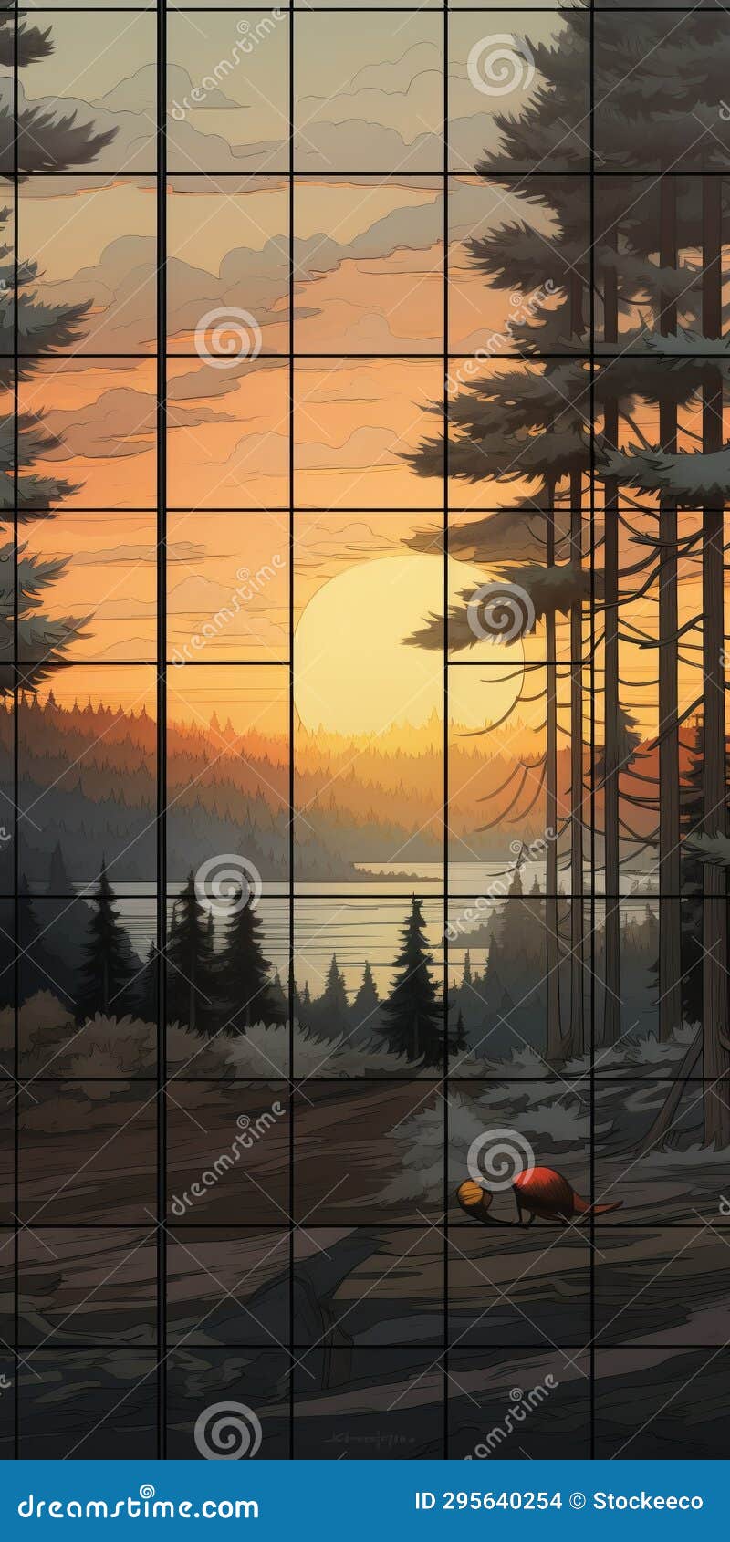 Architectural Grids: A Photorealist Sunset Painting Of Tall Trees Royalty-Free Stock Image ...