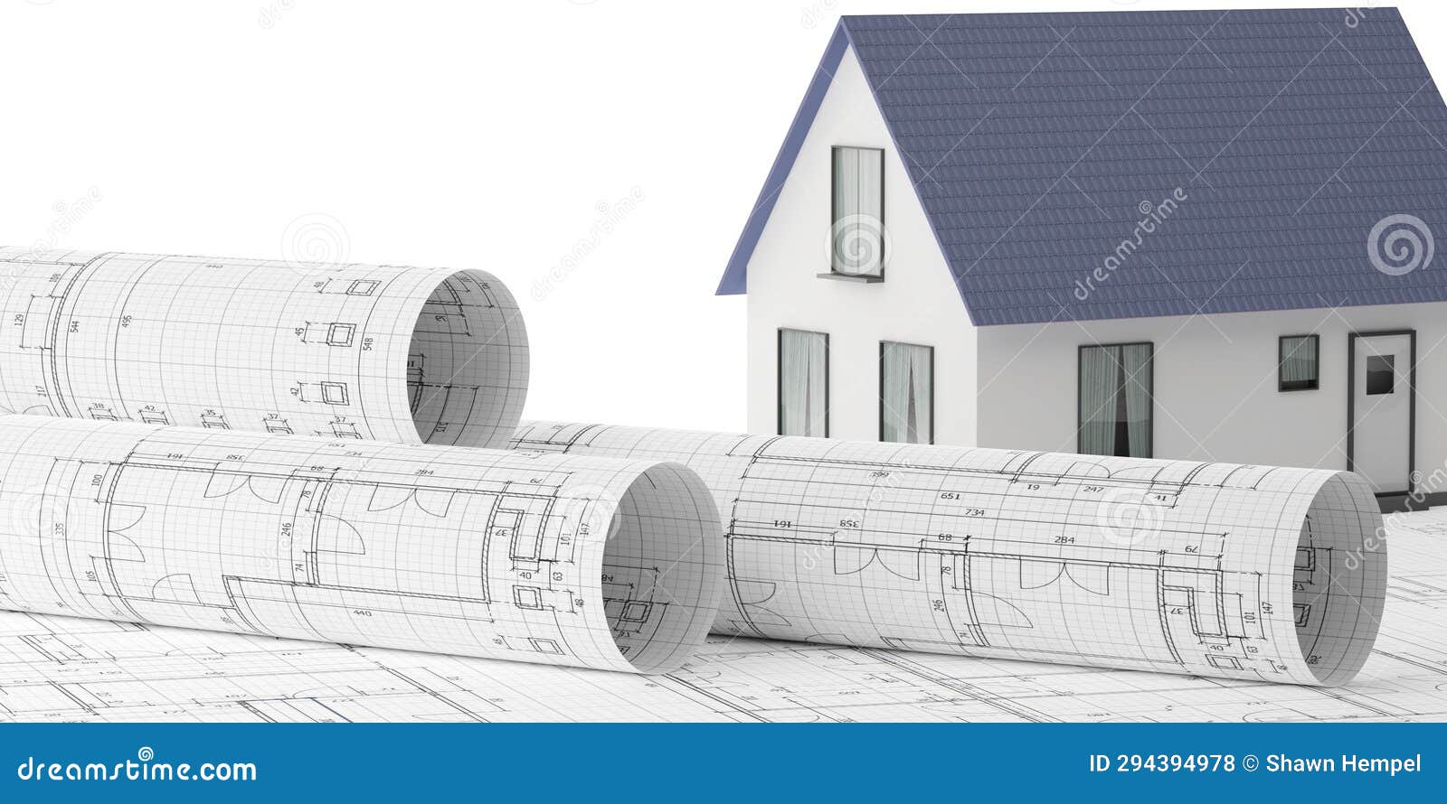 Architectural House Building Plan Rolls and Miniature House Model on ...