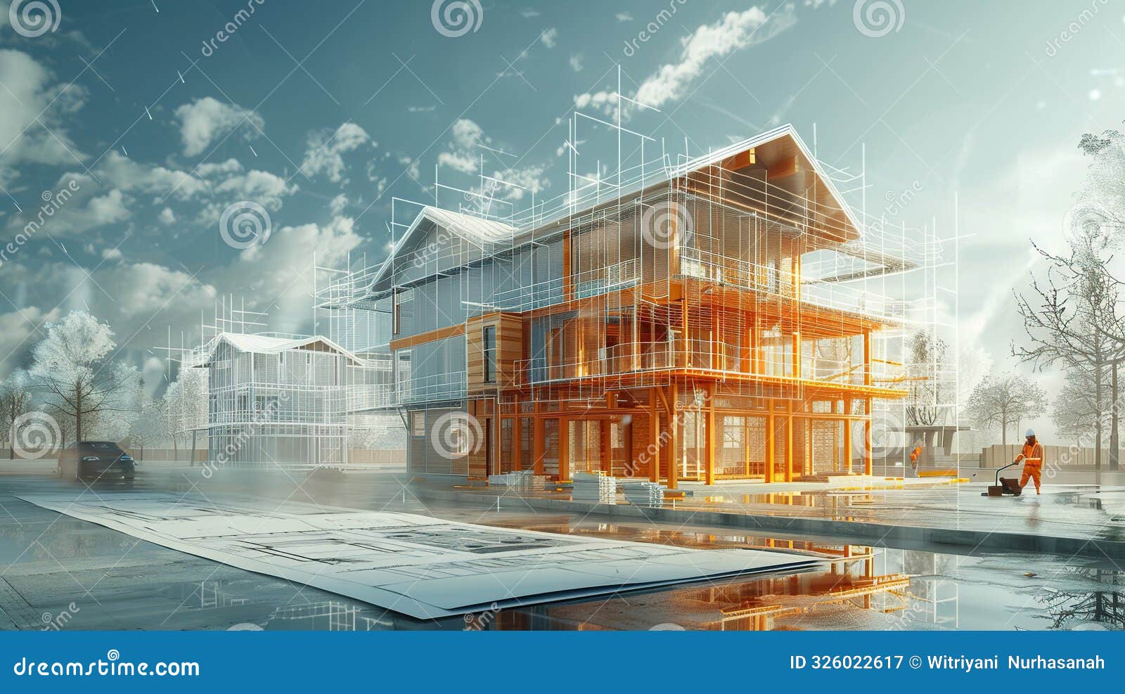 Architectural House Design with Blueprint Stock Illustration ...
