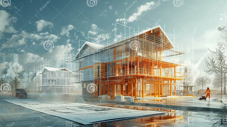 Architectural House Design with Blueprint Stock Illustration ...