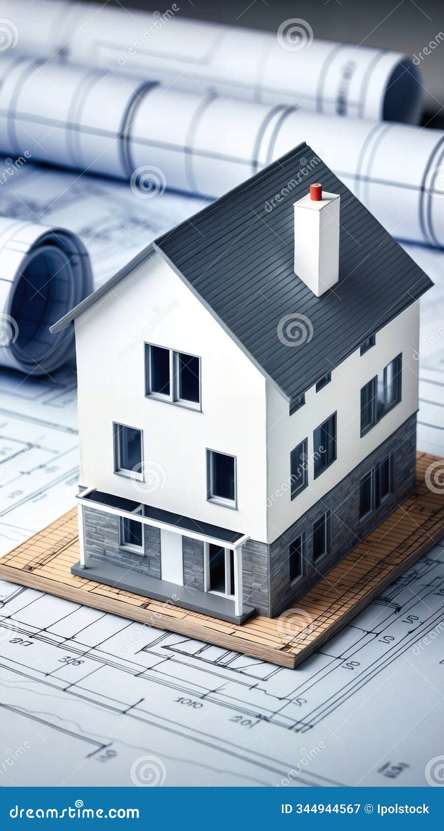 Architectural House Model on Construction Blueprints. Modern ...