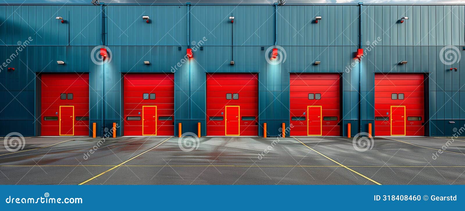 Exterior of Warehouse with Red Loading Bay Doors Stock Photo - Image of ...