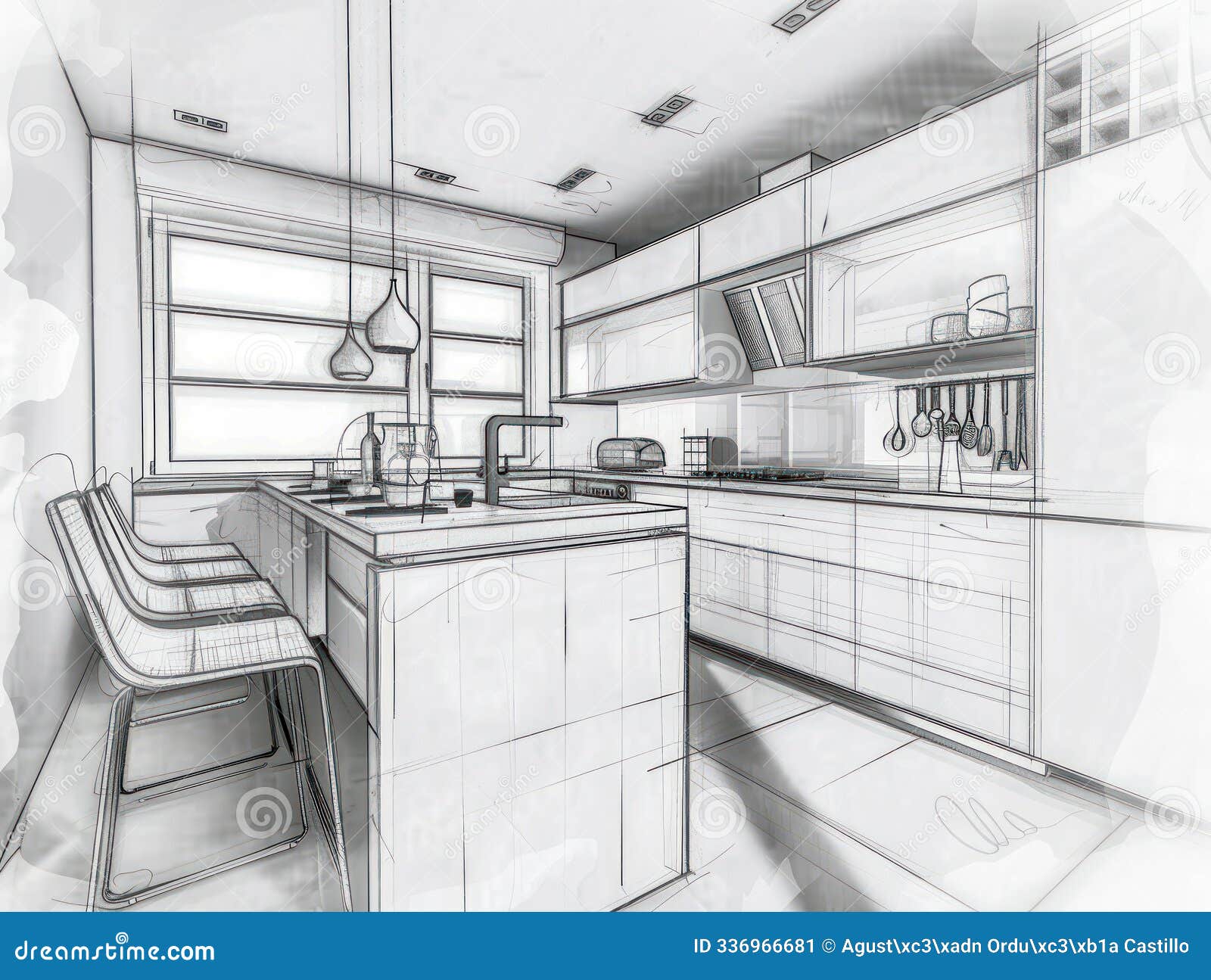 Architectural Kitchen Sketch with Island and Bar Stools Stock Image ...