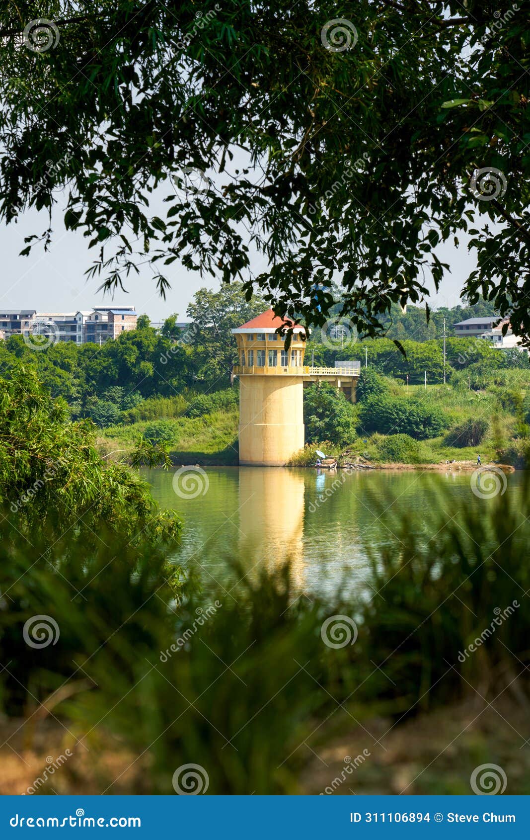 Architectural Landscape of Hydrological Tower by the River Stock Photo ...