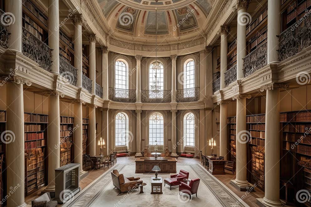 Architectural Library Setting with Soaring Ceilings, Columns and ...
