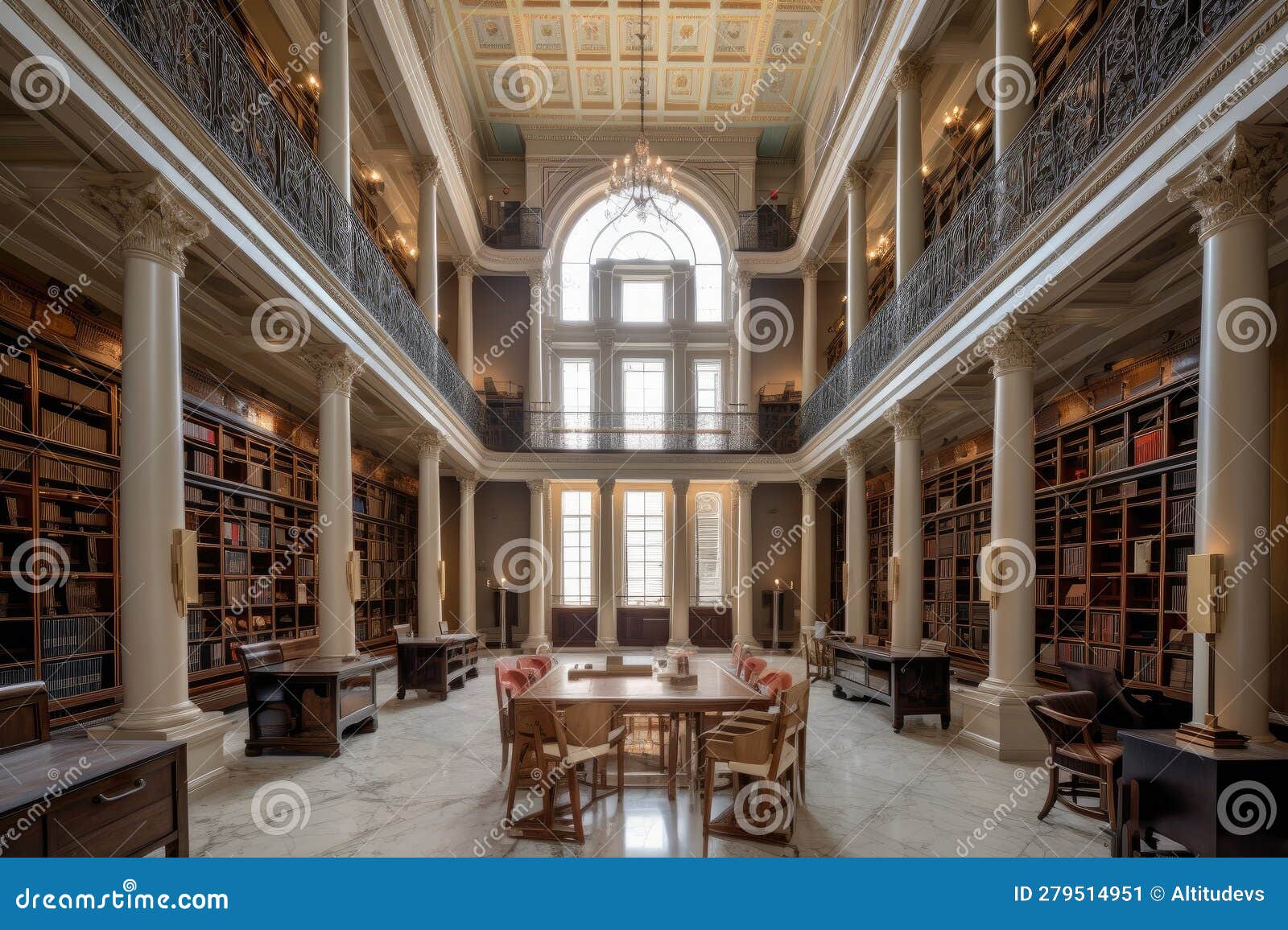 Architectural Library Setting with Soaring Ceilings, Columns and ...