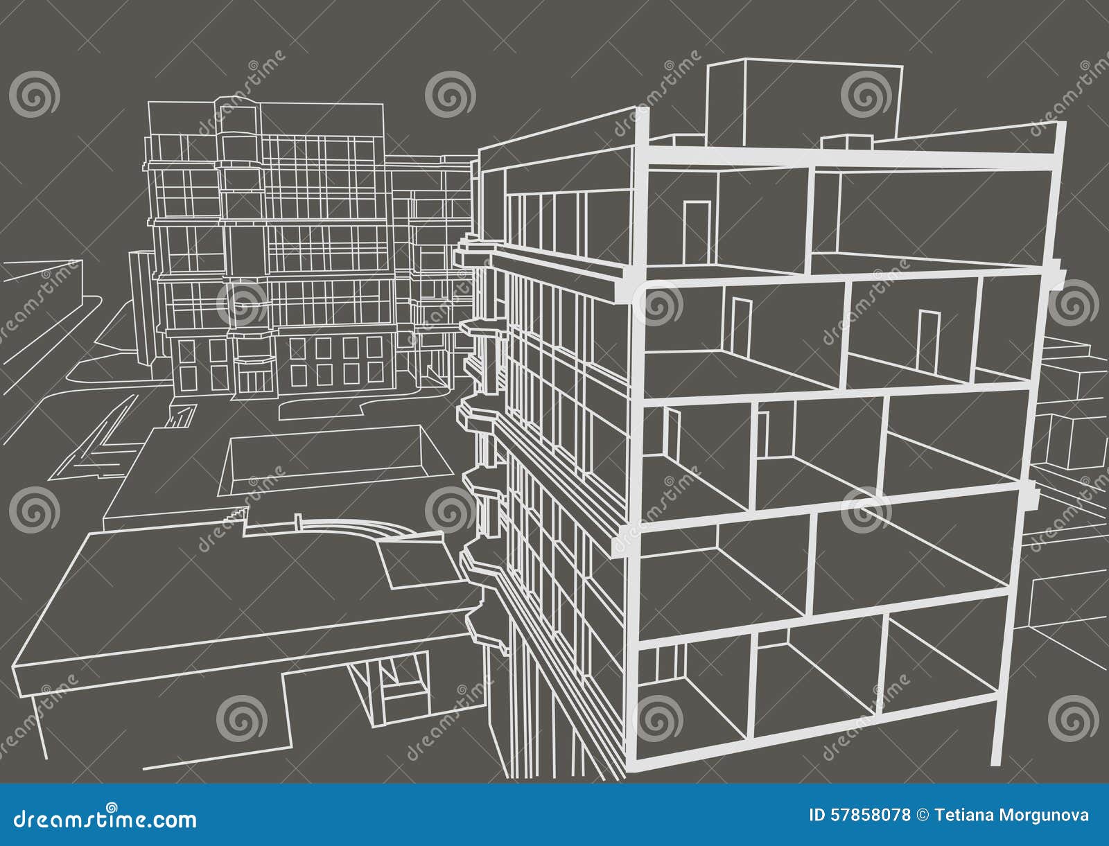 Architectural Linear Sketch Multistory Apartment Building. Sectional ...