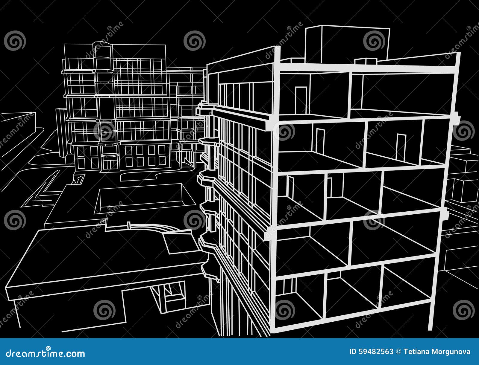 Architectural Linear Sketch Multistory Building on Black Background ...