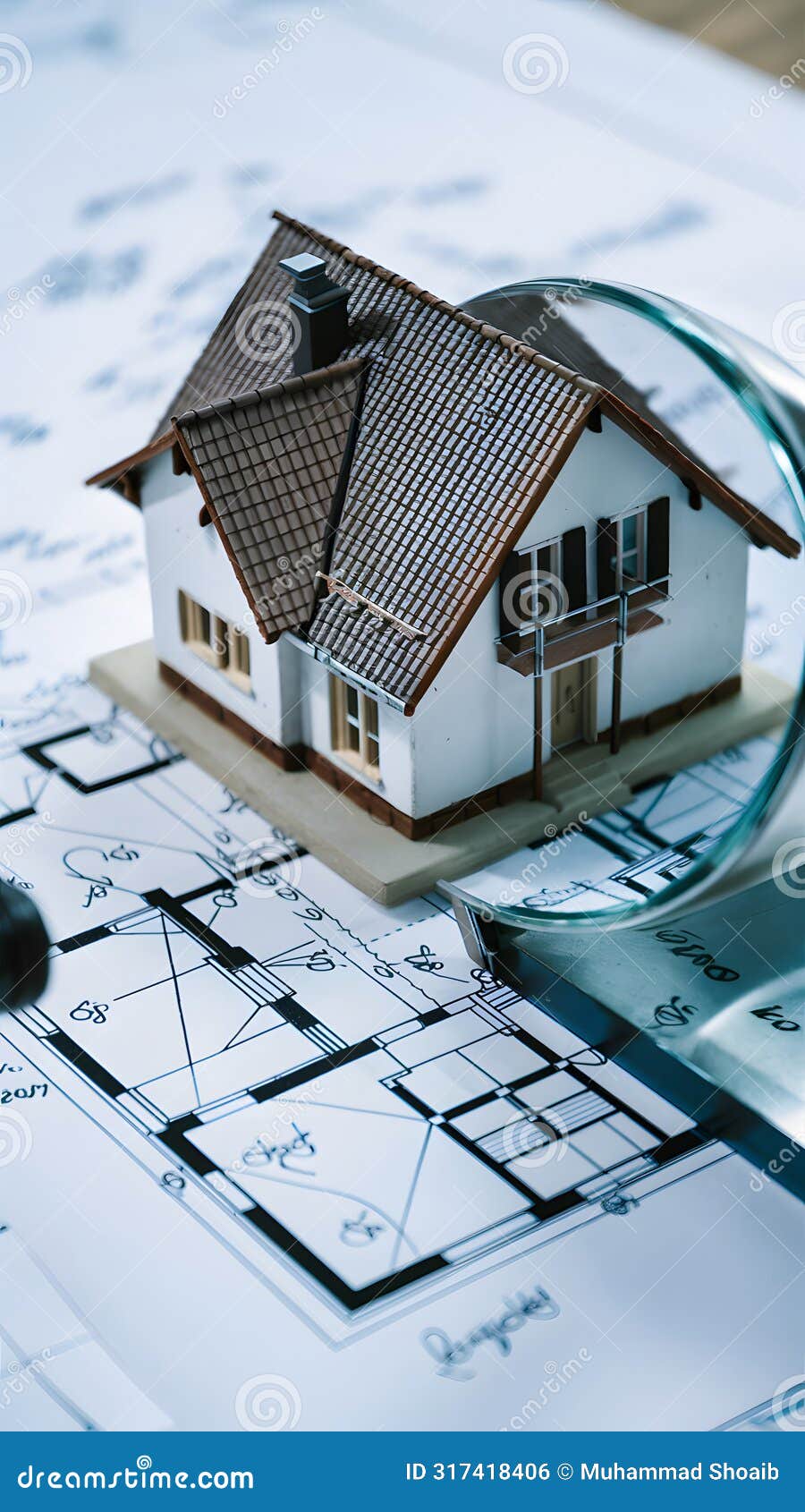 Architectural Model with Annotations on Blueprint, Magnified by Glass ...