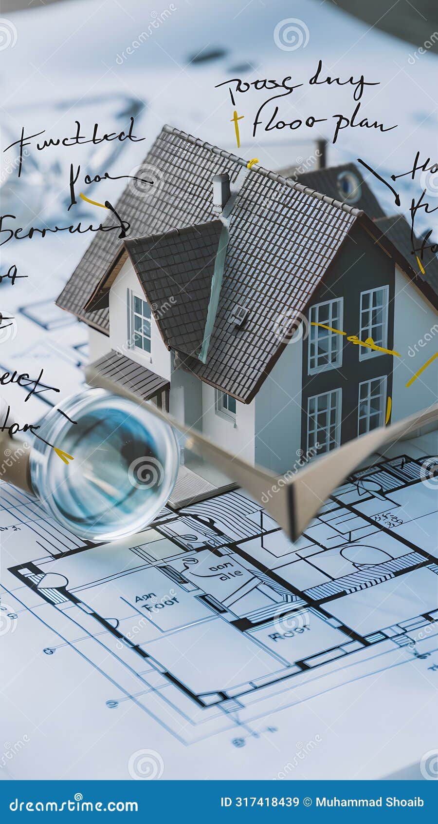 Architectural Model With Annotations On Blueprint, Magnified By Glass ...